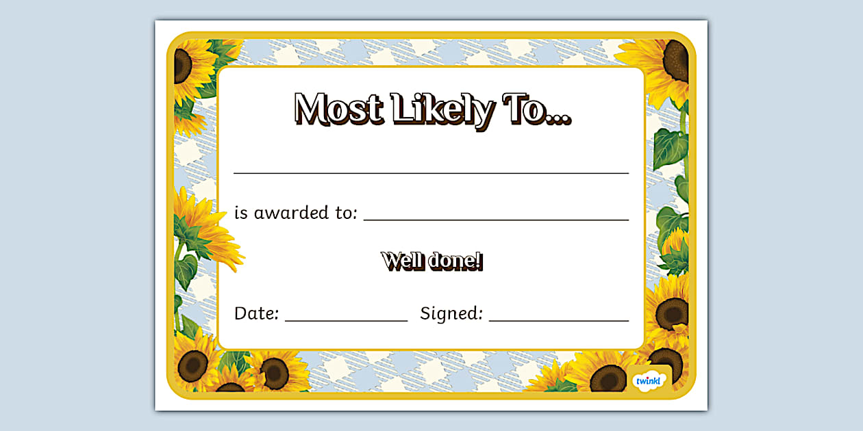 Sunflower-Themed Most Likely To... Certificate - Twinkl
