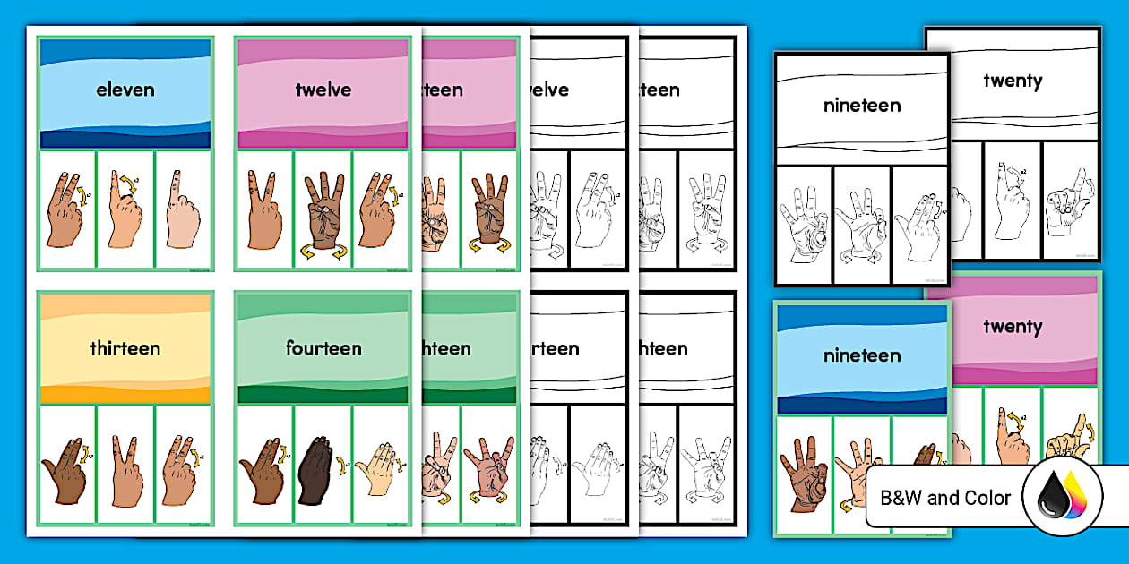 ASL Number Number and Word 11-20 Matching Clip Cards