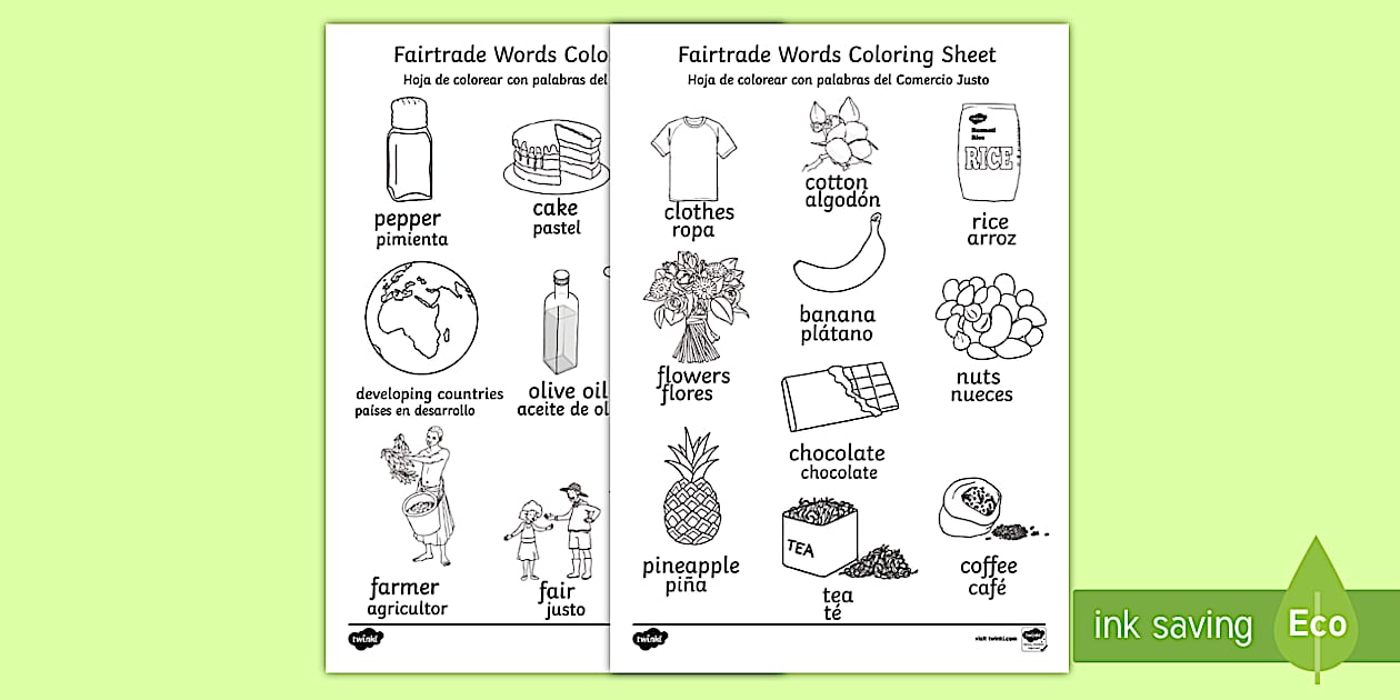 Fairtrade Words Colouring Pages English/Spanish - Fairtrade Words Colouring