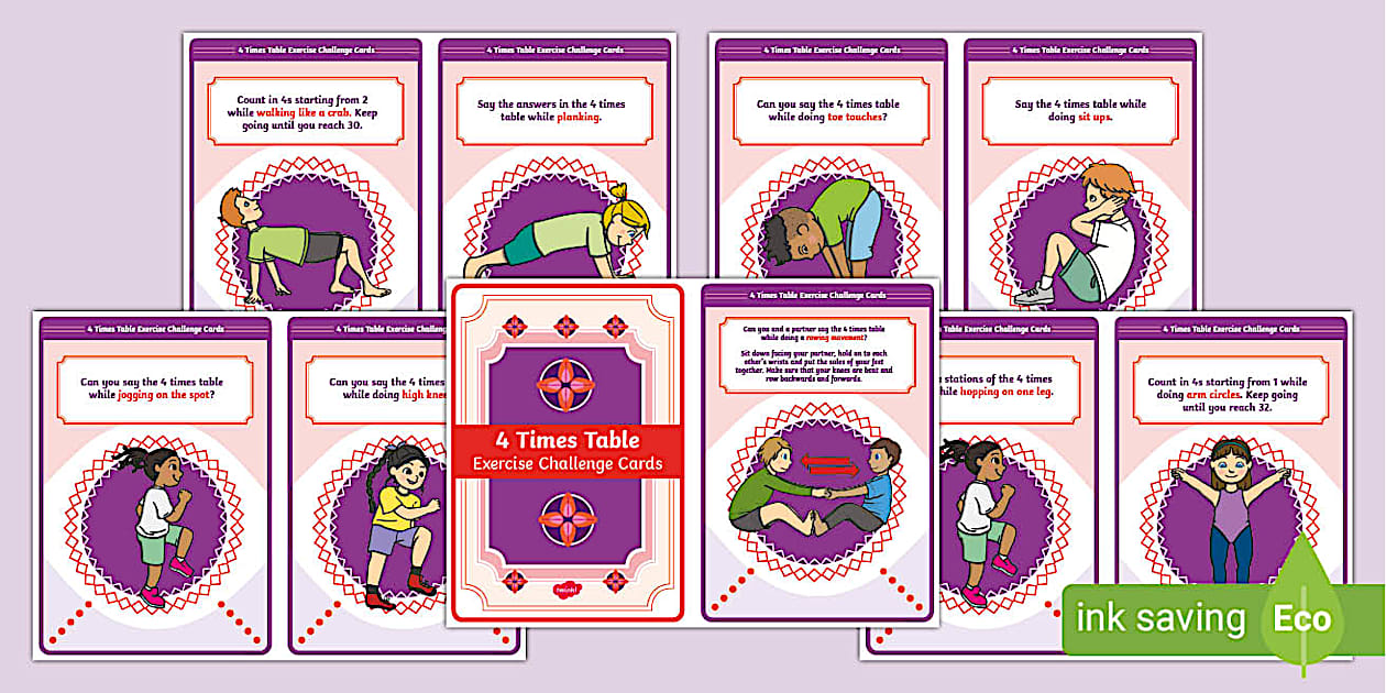 4 Times Table Exercise Challenge Cards (teacher made)