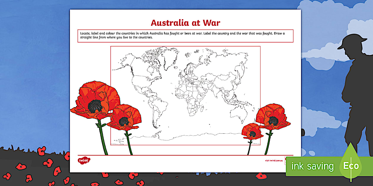 Australia at War Remembrance Day Mapping Worksheet - Twinkl