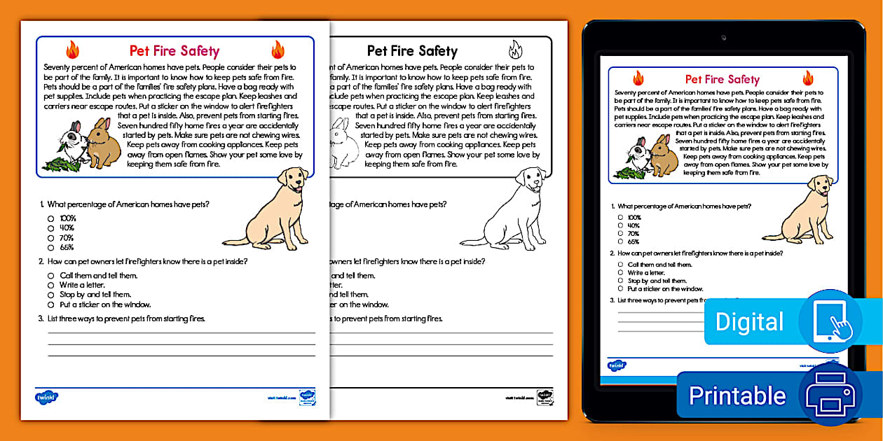 Pet Fire Safety Reading Passage Comprehension Worksheet