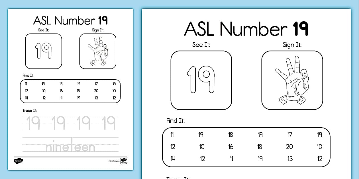 ASL Number 19 Worksheet (teacher made) - Twinkl
