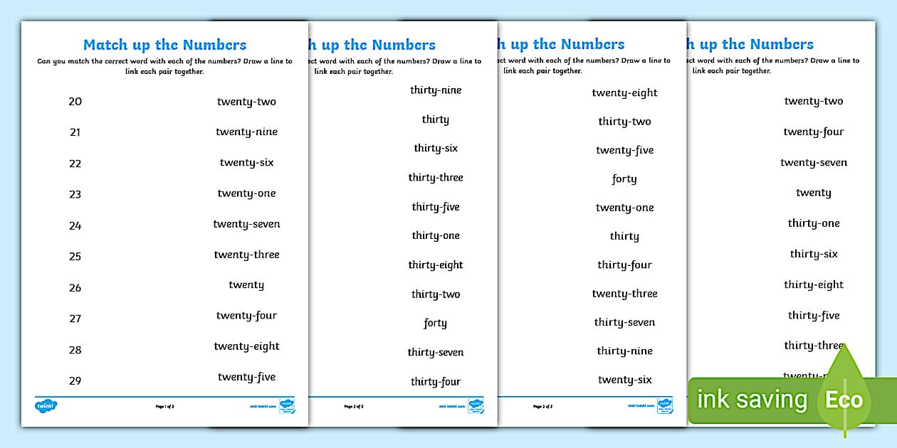 👉 Matching Numbers 20-40 to Words Worksheet - Twinkl