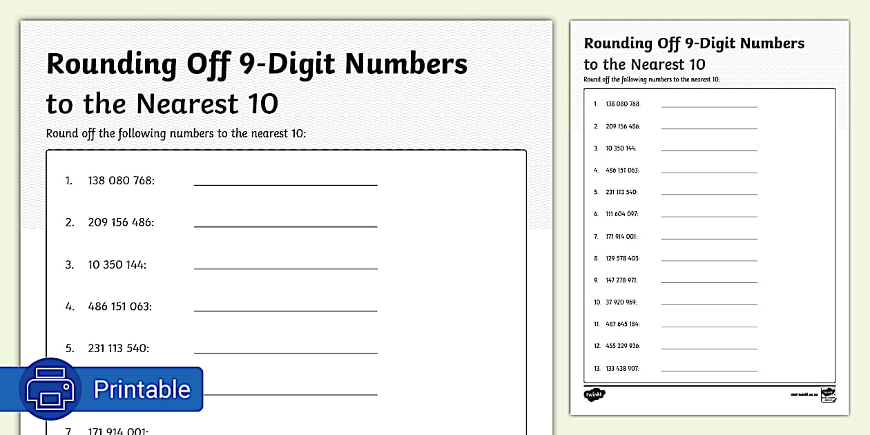 Rounding Off 9-Digit Numbers to the Nearest 10 Activity Sheet
