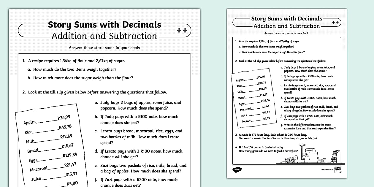 Story Sums with Decimals – Addition and Subtraction Activity Sheet