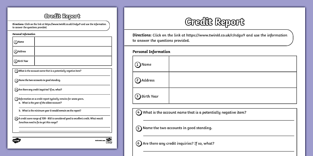Seventh Grade Credit Report Worksheet (Hecho por educadores)