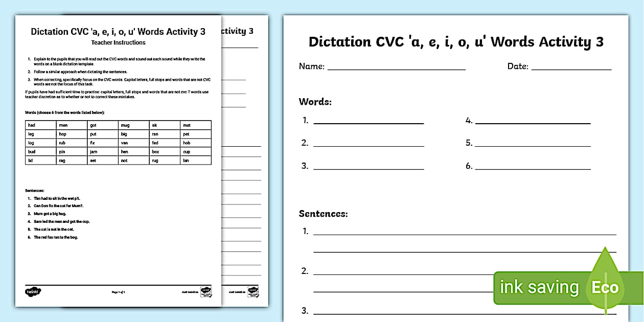 Dictation CVC 'a, e, i, o, u' Words Activity 3