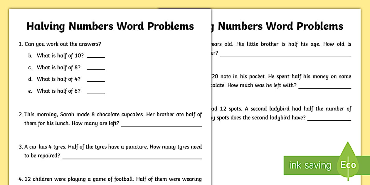 Halving Numbers Word Problems Worksheet / Worksheet - Twinkl