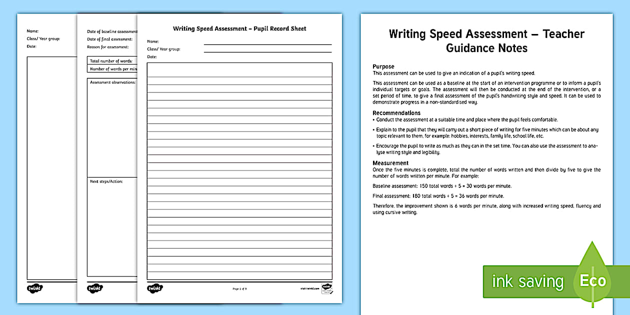 Speed Writing Primary Assessment Sheet | Writing Speed Test