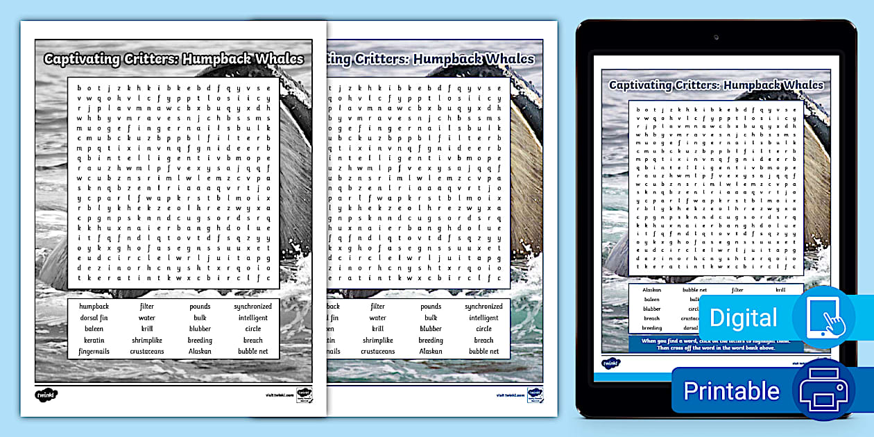 Eighth Grade Captivating Critters Humpback Whales Word Search Worksheet