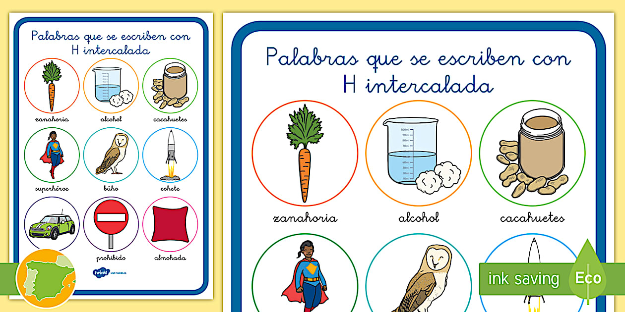 Póster DIN A4: Palabras que se escriben con h intercalada