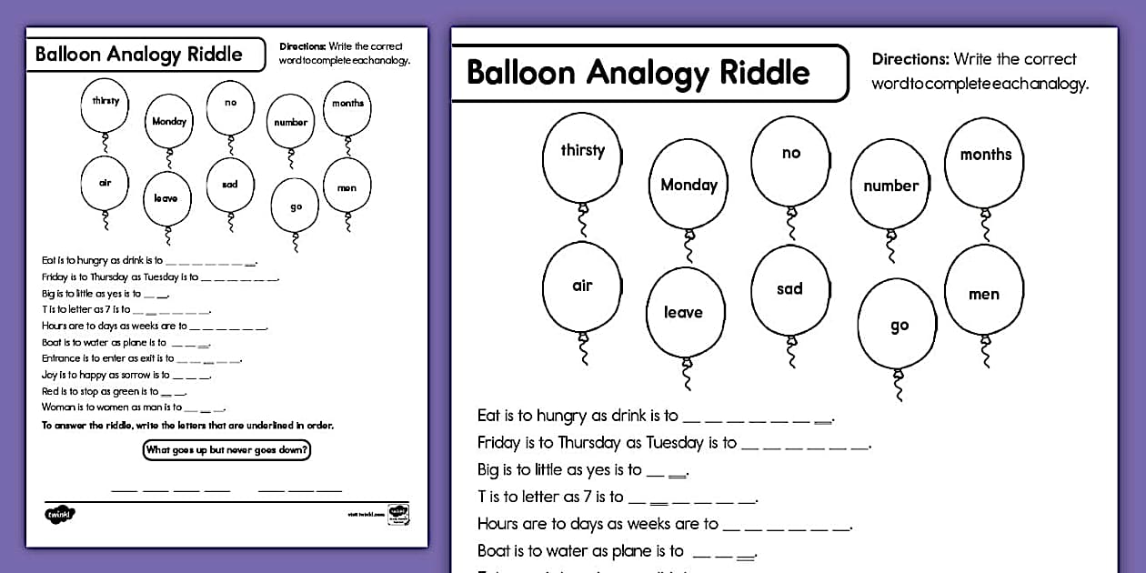 Second Grade Balloon Analogy Riddle Activity - Twinkl