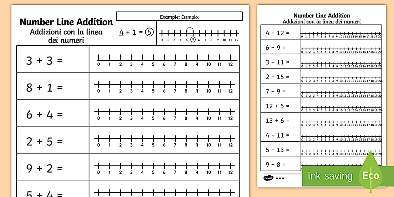 Lower Ability Addition up to 12 Number Line Worksheets English/Italian