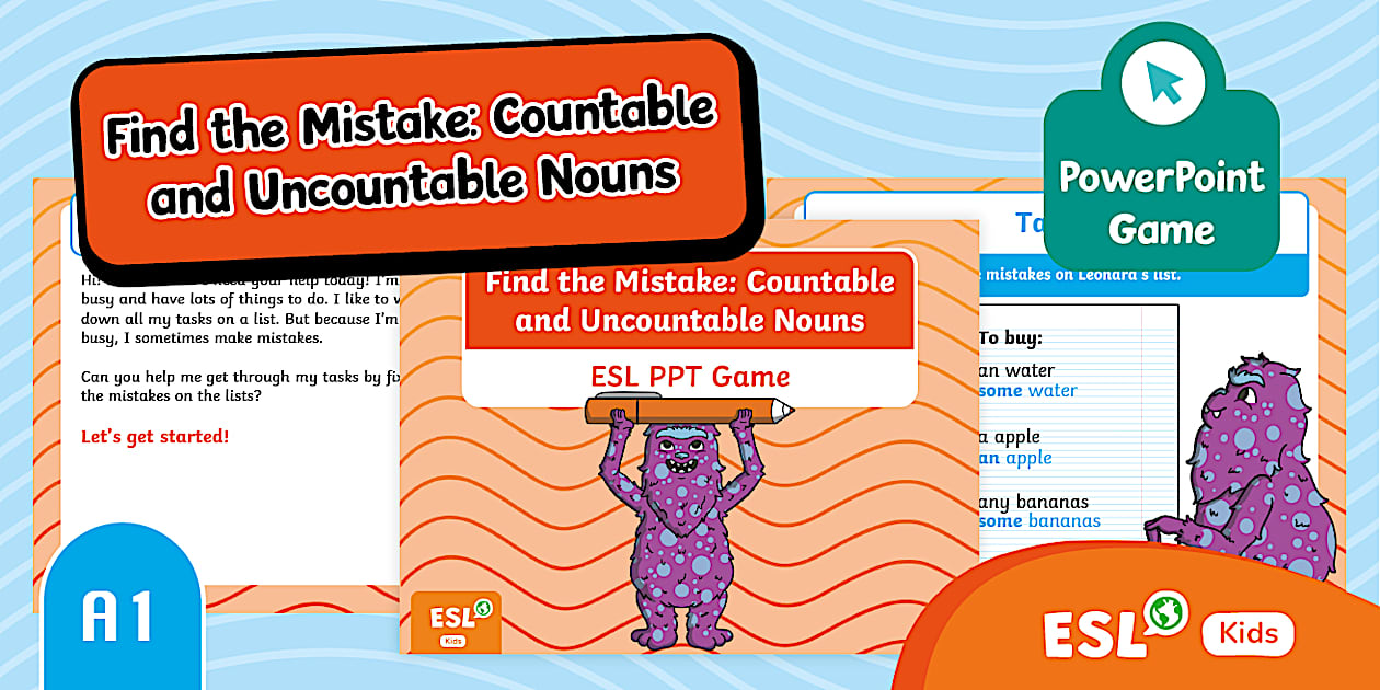 ESL Find a Mistake Countable Uncountable Nouns Game Kids A1