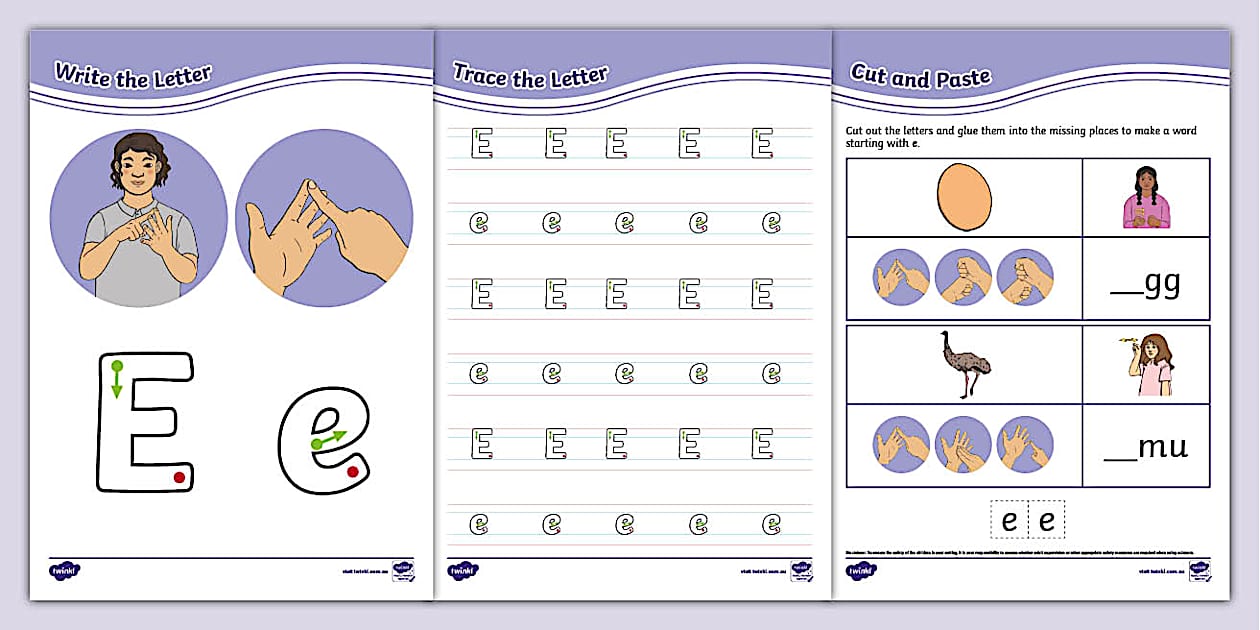 Letter E Handwriting Worksheets with Auslan (teacher made)