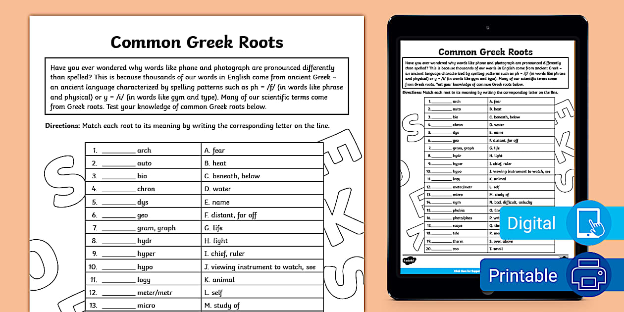 Sixth Grade Common Greek Roots Matching Worksheet