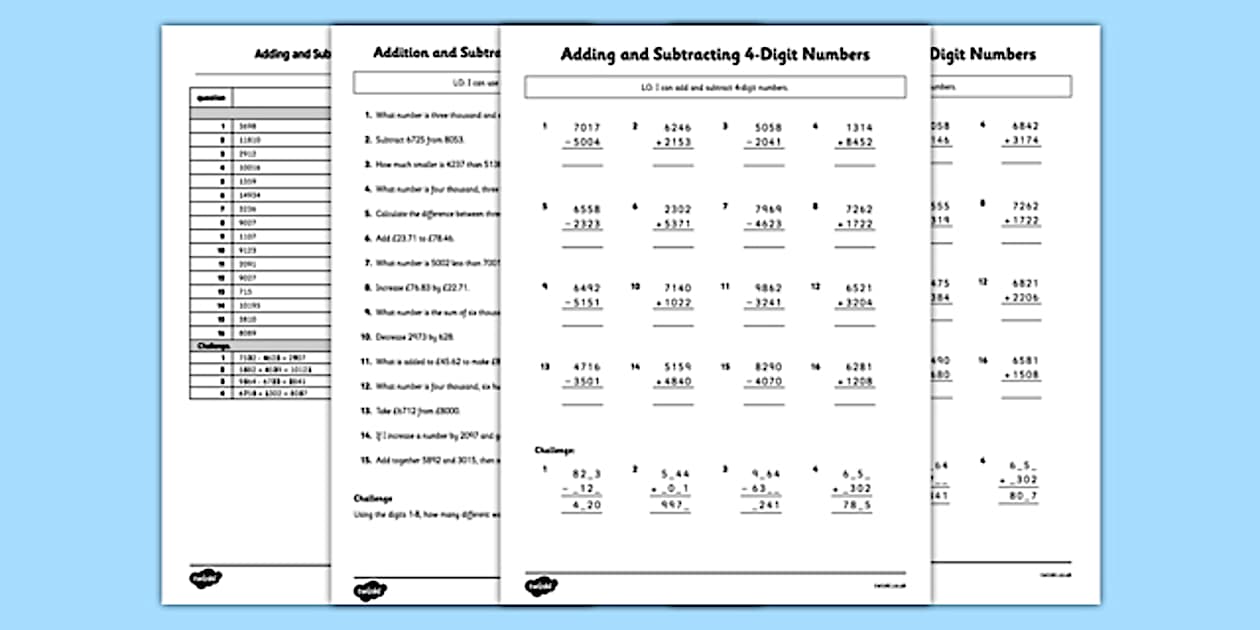 Large Number Addition and Subtraction Worksheets - Year 4