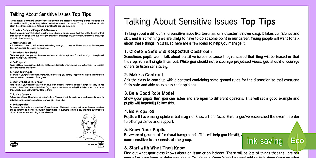 Discussing Sensitive Issues Top Tips (Teacher-Made) - Twinkl