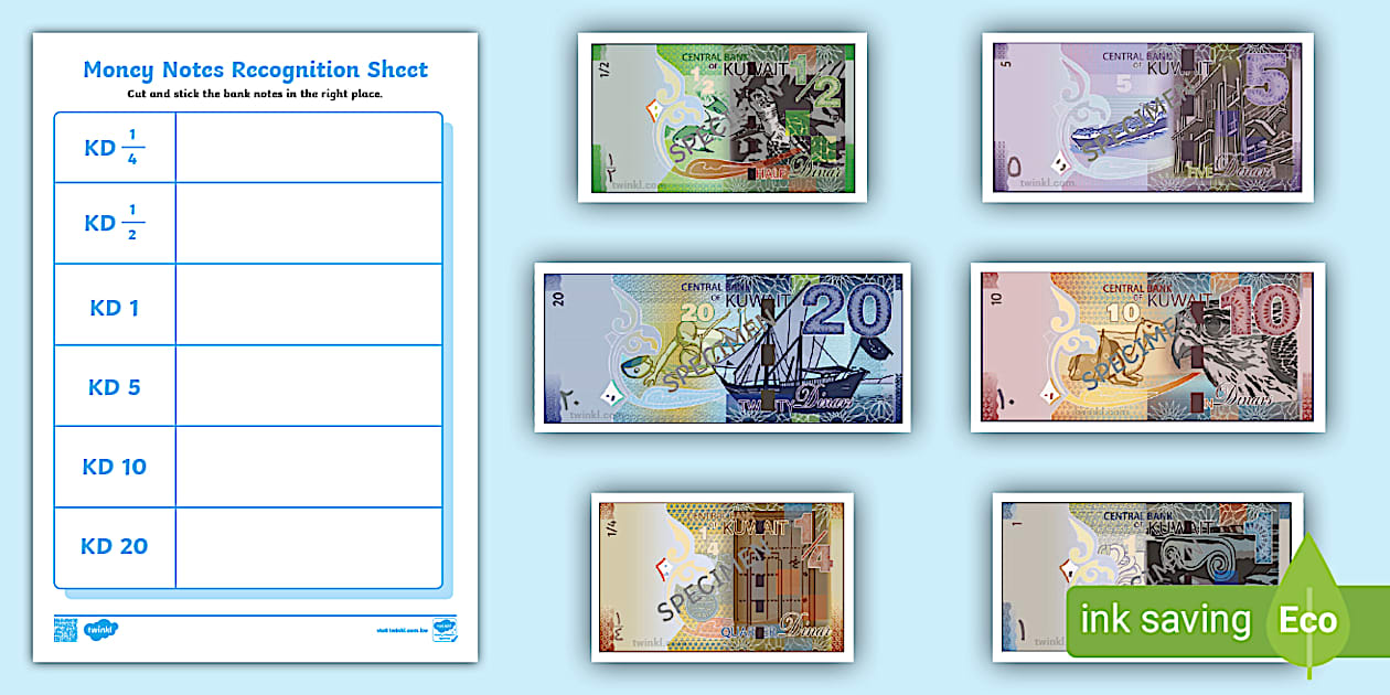 Kuwait Money - Notes Recognition Worksheet (teacher made)