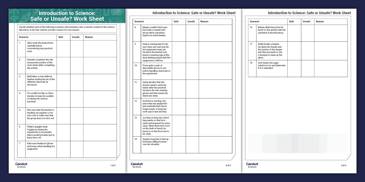 Introduction to Science: Safe or Unsafe? Work Sheet - Twinkl