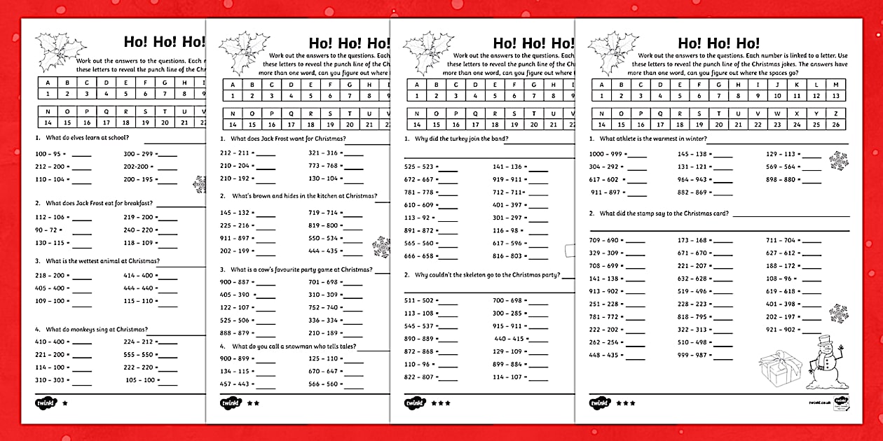 LKS2 Subtraction Christmas Joke Activity - ho ho ho maths