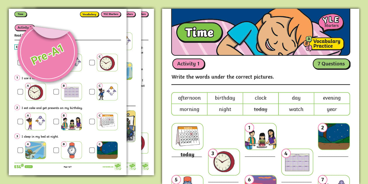 YLE Starters Time Vocabulary Activity Sheet (teacher made)