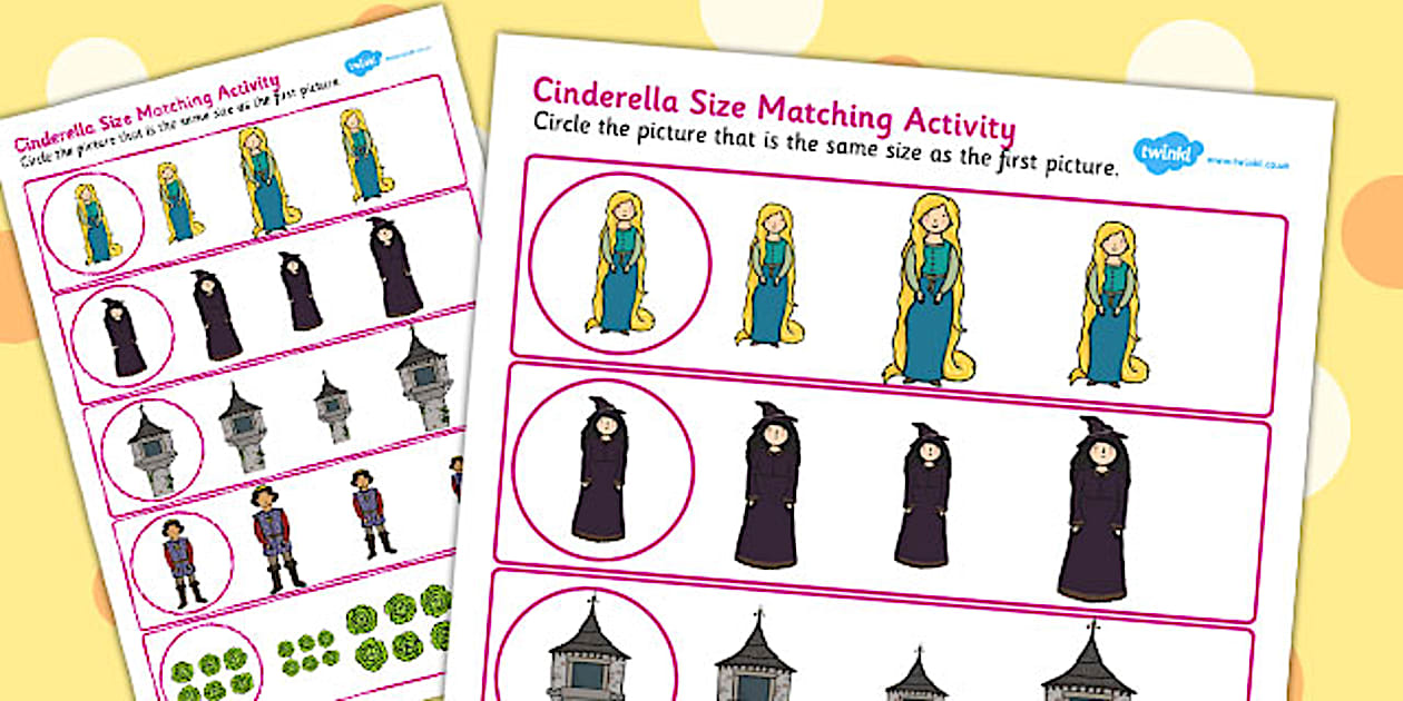 Black and White Rapunzel Size Matching Worksheets - Twinkl