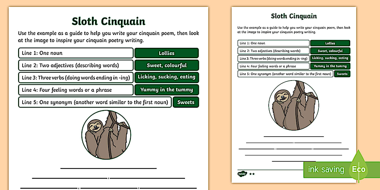 TAS Sloth Cinquain Poem Differentiated Worksheet - Twinkl