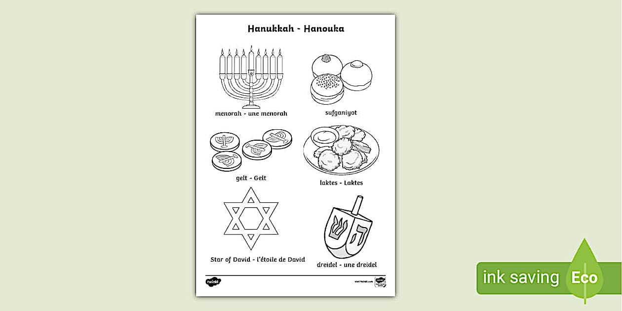 Hanukkah Words and Pictures Colouring Pages English/French