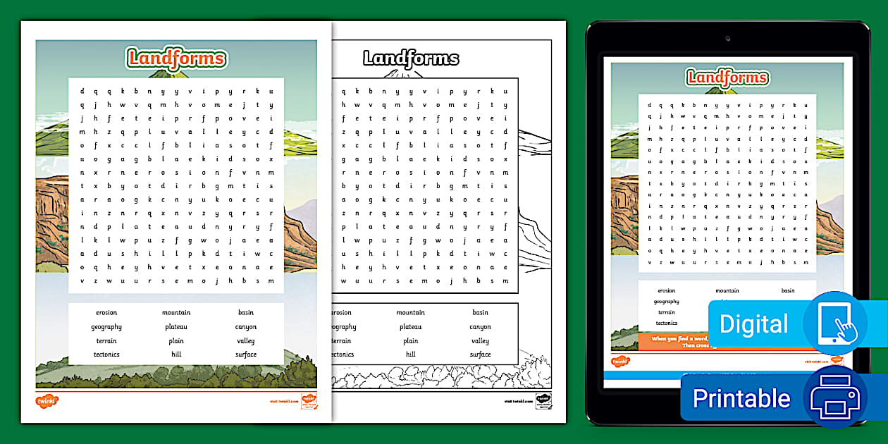 Landforms Word Search for 3rd-5th Grade (teacher made)