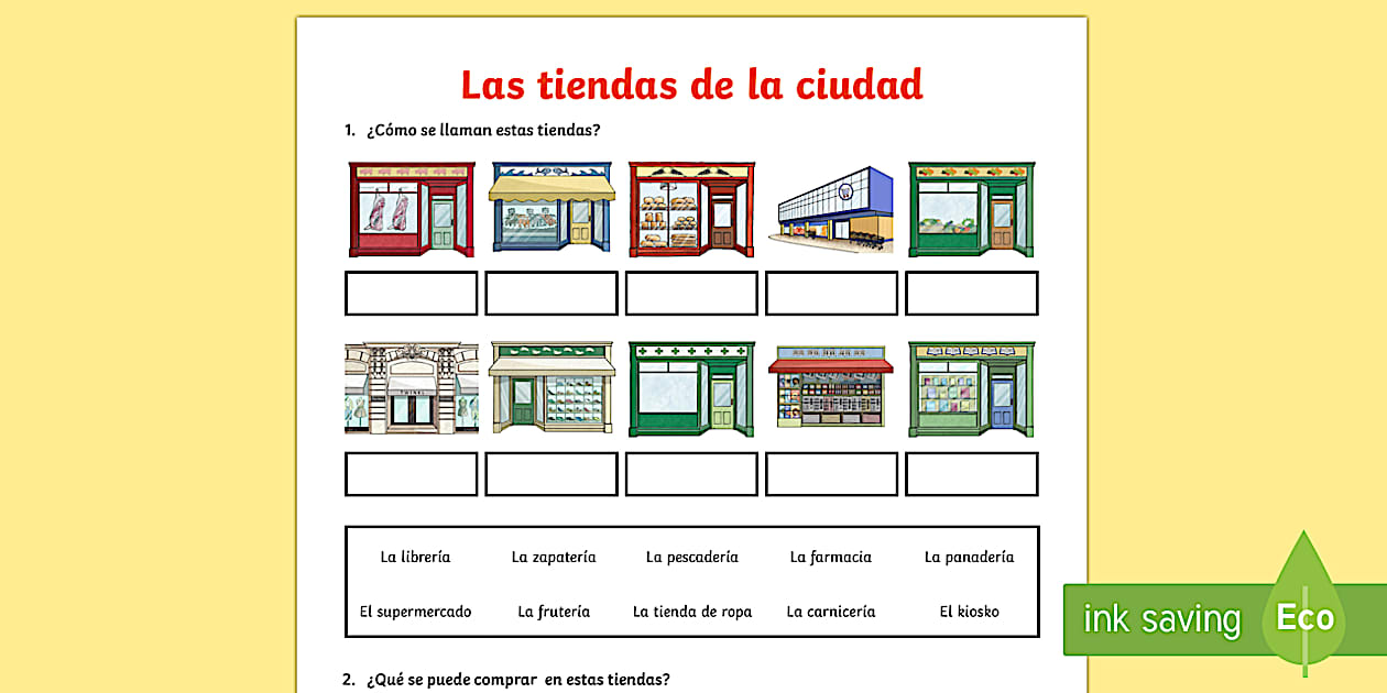 Editable Shops in Town Worksheet Spanish (teacher made)