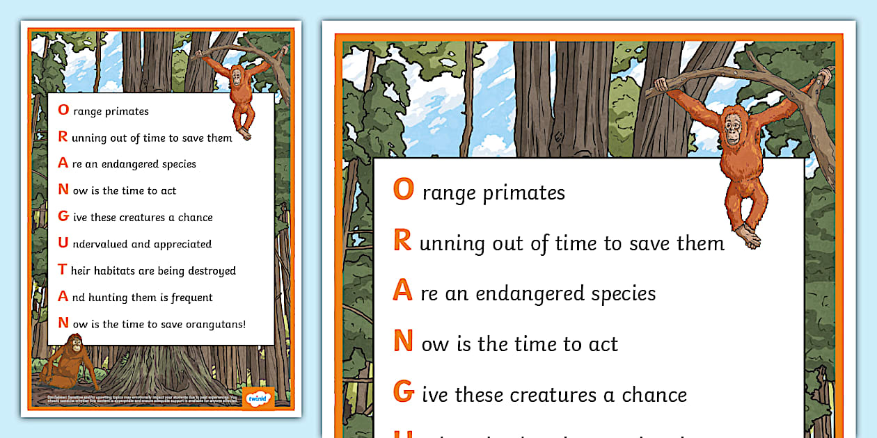 Orangutan Acrostic Poem Example (teacher made) - Twinkl