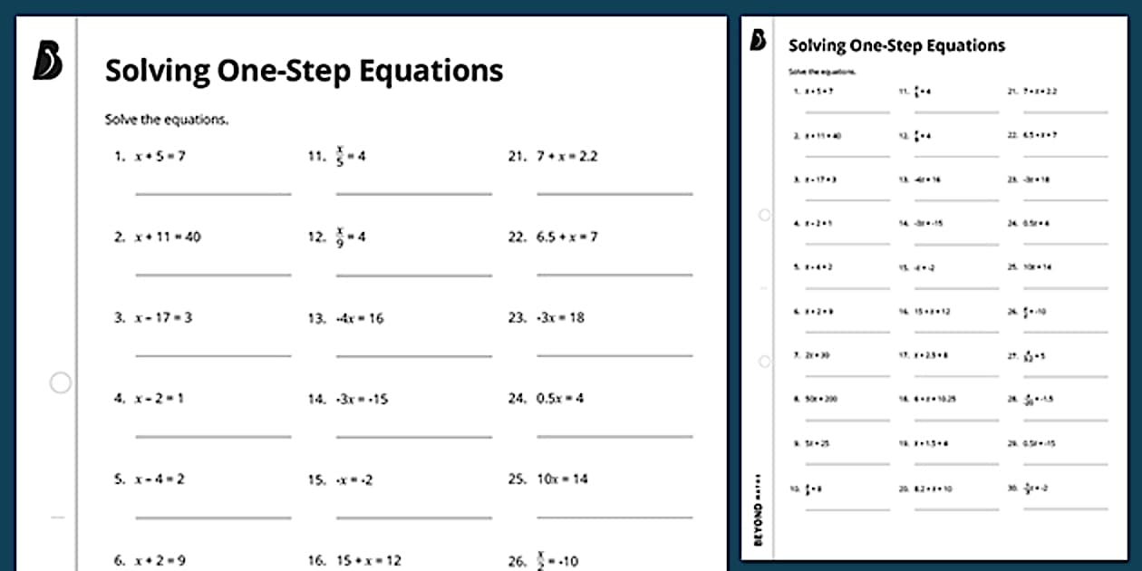 👉 One-Step Algebra Equations Worksheet PDF | Beyond