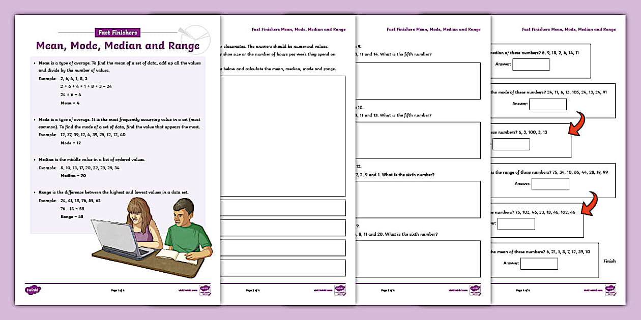 Fast Finishers Mean, Mode, Median and Range Activity Sheets