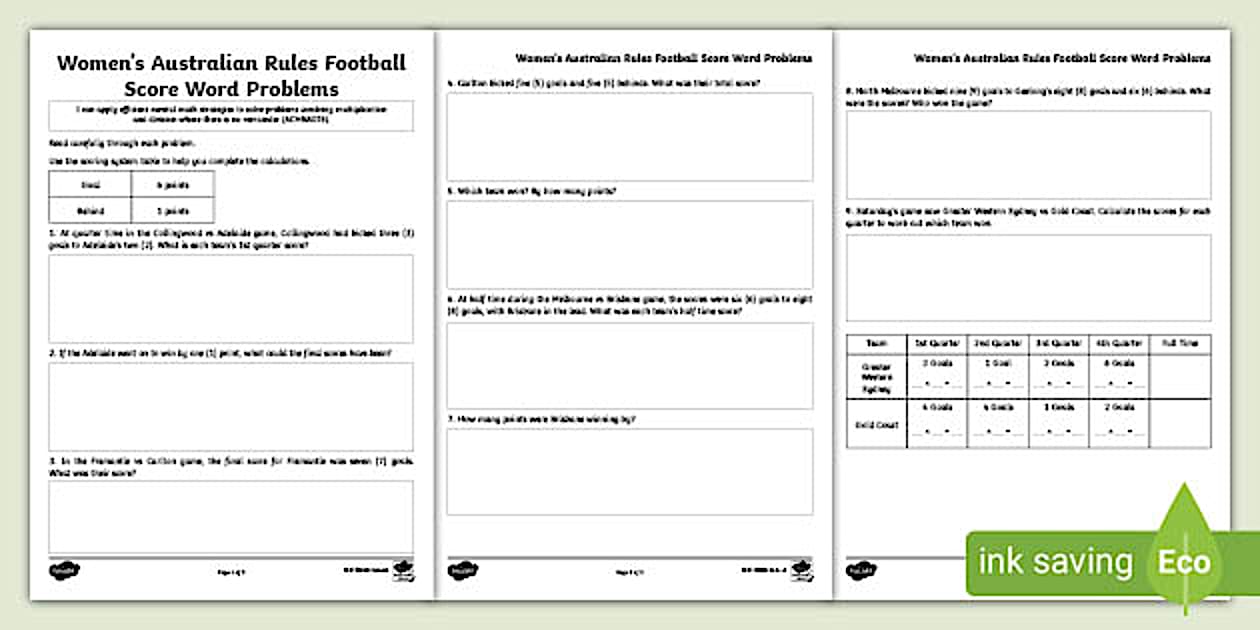 Women's Australian Rules Football Score Word Problems Worksheet