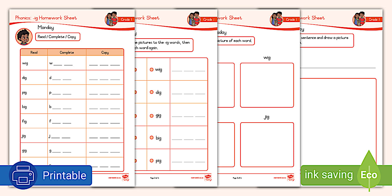 Grade 1 Phonics: -ig Homework Sheet (teacher made) - Twinkl