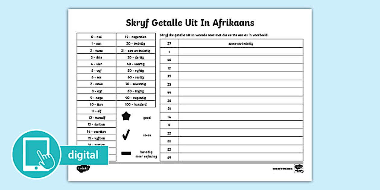 Skryf Getalle in Afrikaans Digitale Aktiwiteit - Twinkl