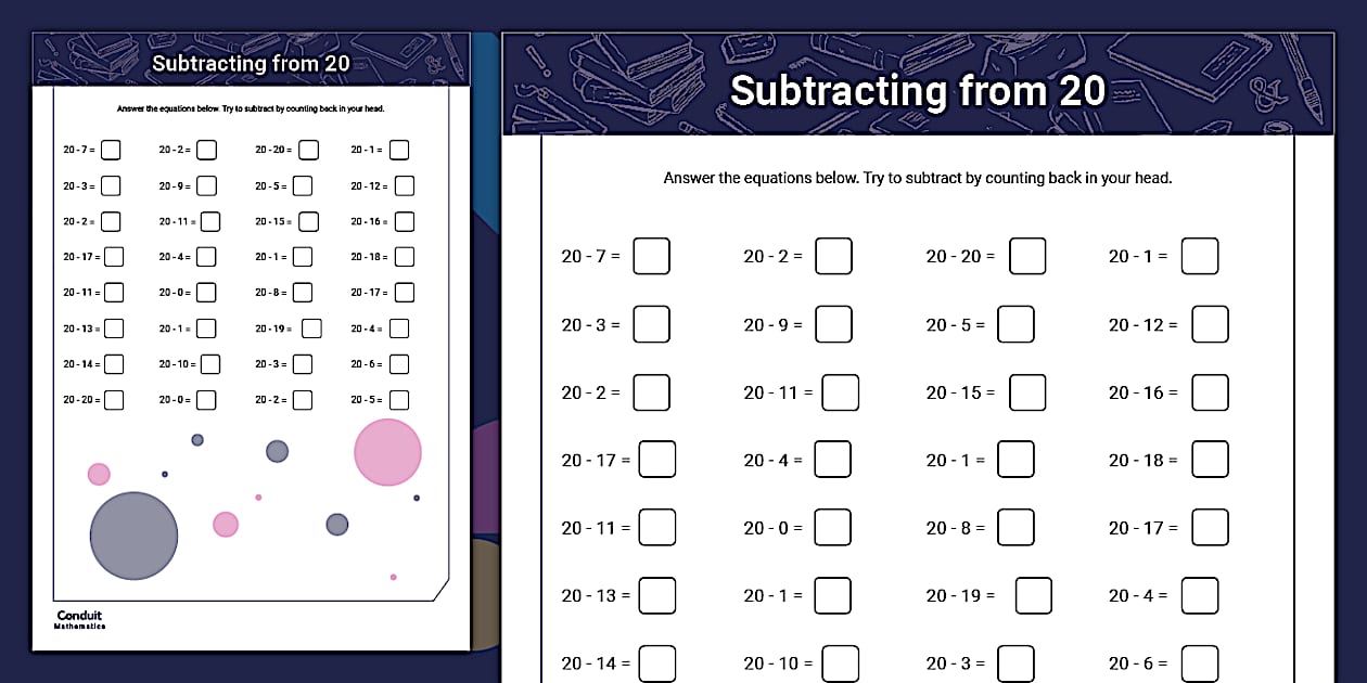 Reinforcing Number: Subtraction From 20 Activity Sheet