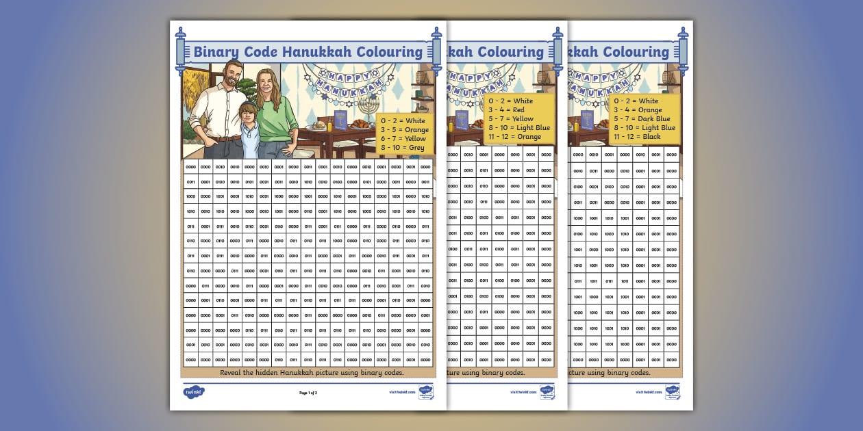 Binary Code Hanukkah Colouring Sheets- KS2 - Twinkl