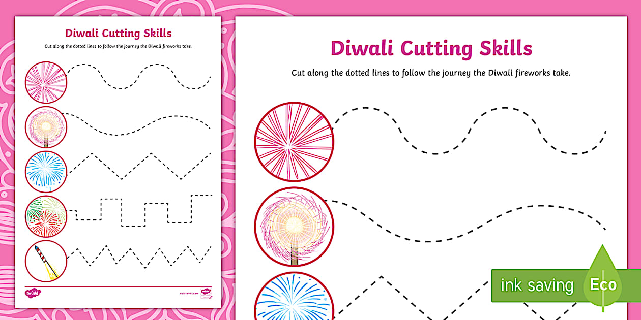 Diwali Cutting Skills Worksheet -diwali, divali, scissor skills, physical