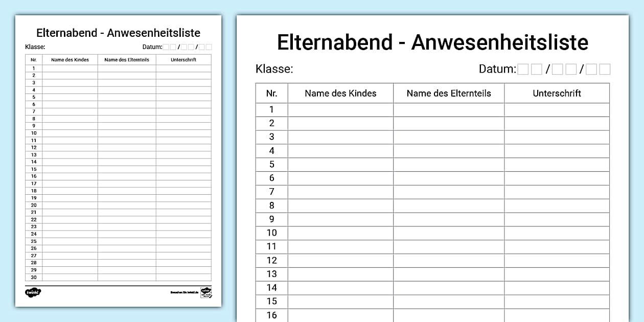 Elternabend - Anwesenheitsliste (teacher made) - Twinkl