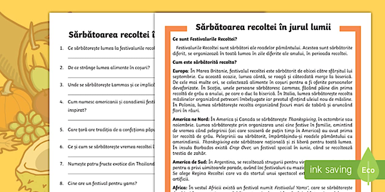 Recoltele toamnei în jurul lumii Fișe pentru activitate diferențiată
