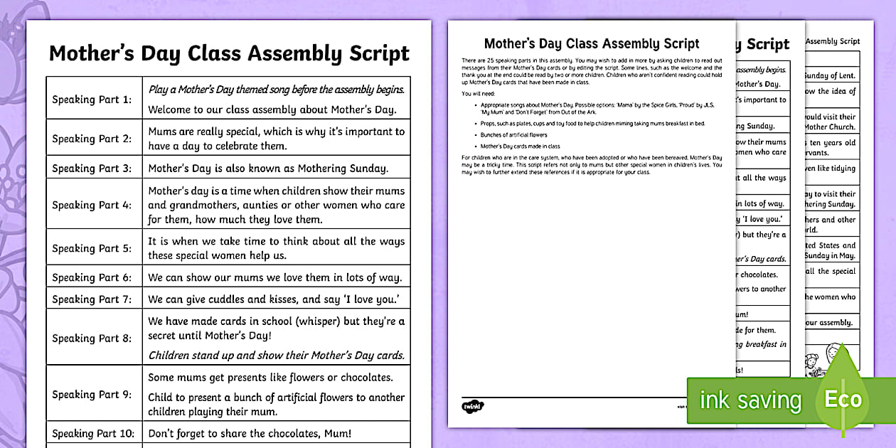 Editable KS1 Mother's Day Class Assembly Script