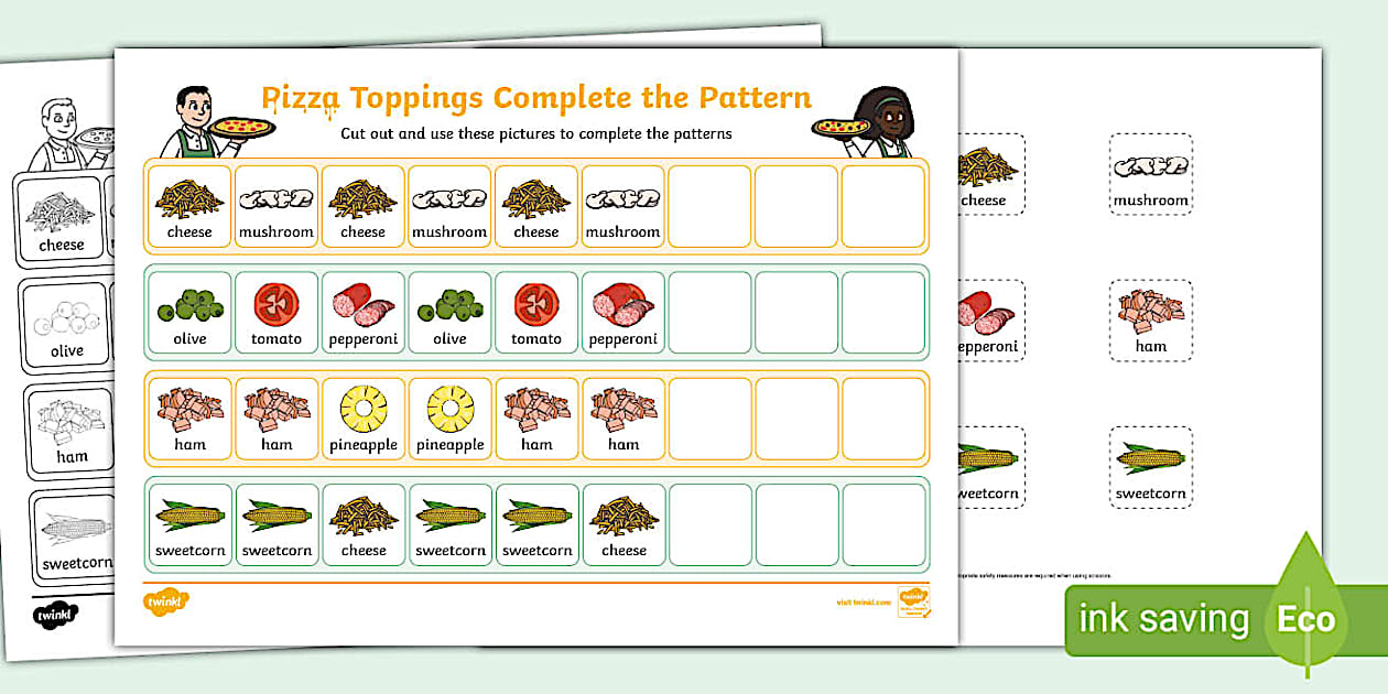 Pizza Toppings Complete the Pattern Activity Sheet - Twinkl
