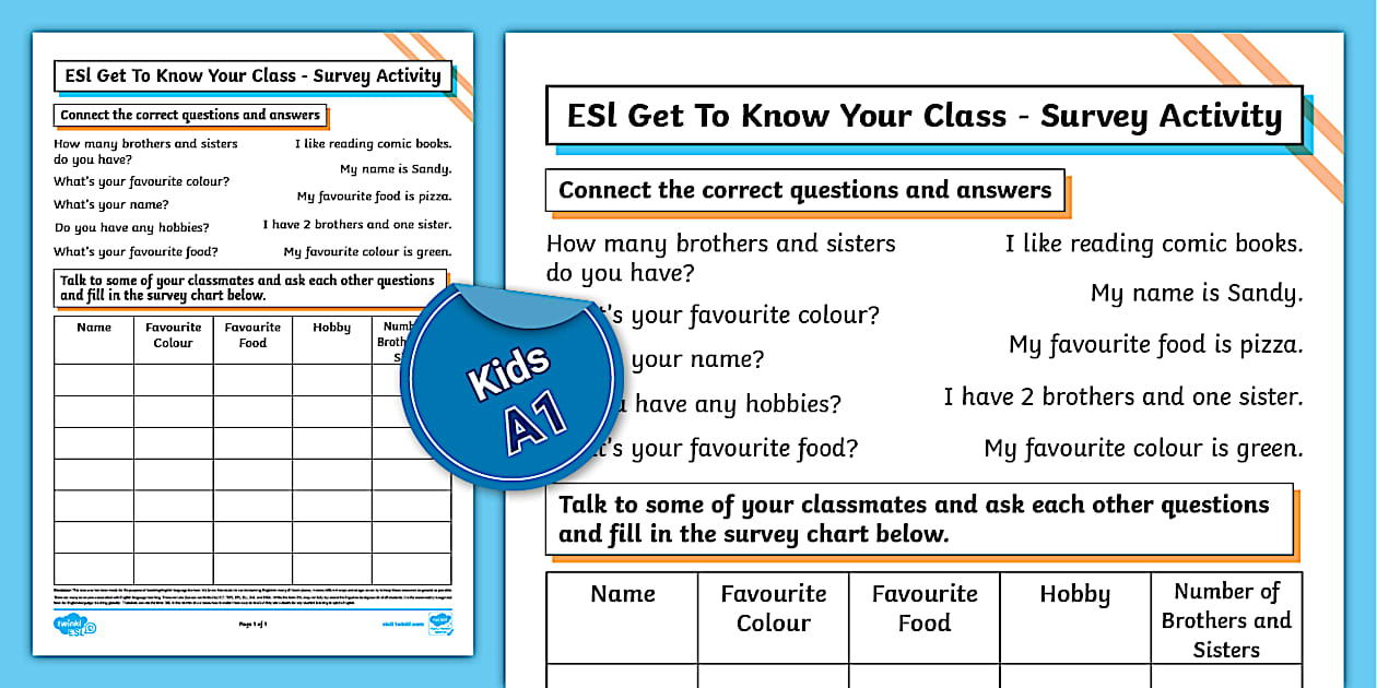 ESL Get To Know Your Class - Survey Activity (teacher made)