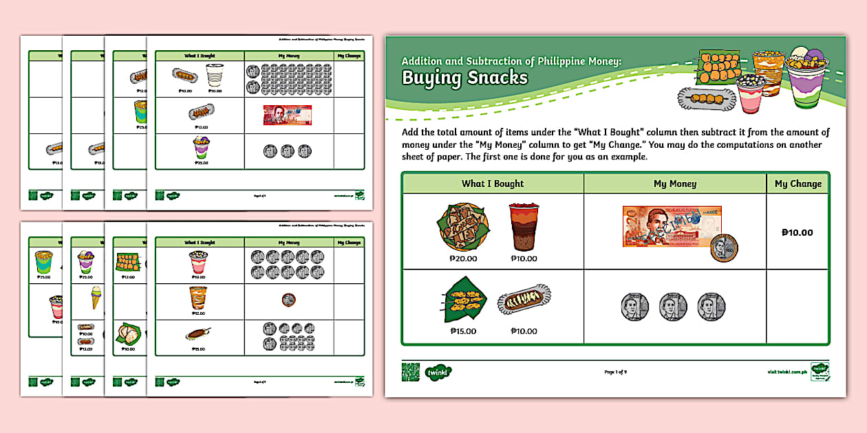 Addition and Subtraction of Philippine Money: Buying Snacks | Grade 1 ...