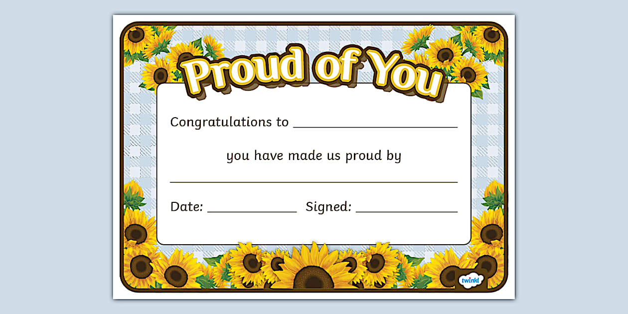 Sunflower-Themed Proud of You Certificate (teacher made)