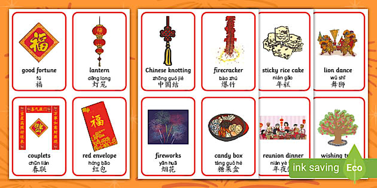 Chinese New Year Flashcards English/Mandarin Chinese/Pinyin