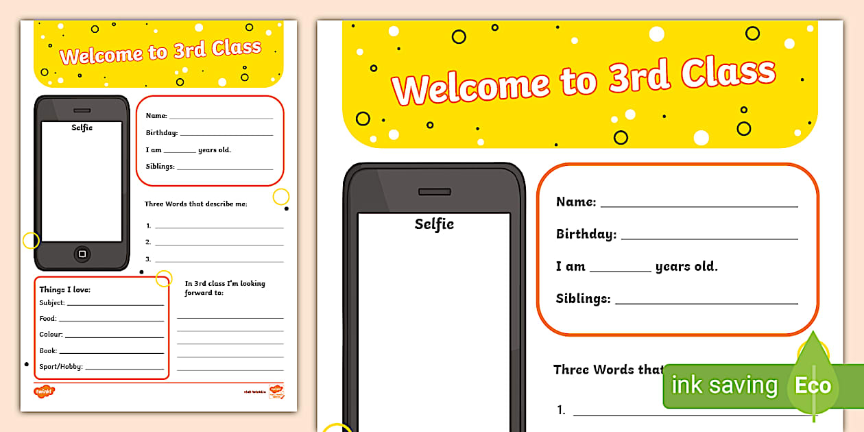 'Welcome to 3rd Class', Selfie Writing (Worksheet). - Twinkl